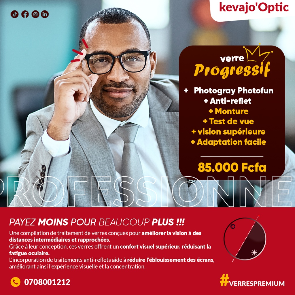 Verres Progressifs + Photofun + Anti-reflet + Monture + Test de vue ...